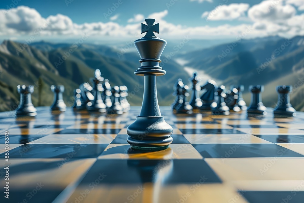 King chess piece on a large chessboard with mountains in the background ...