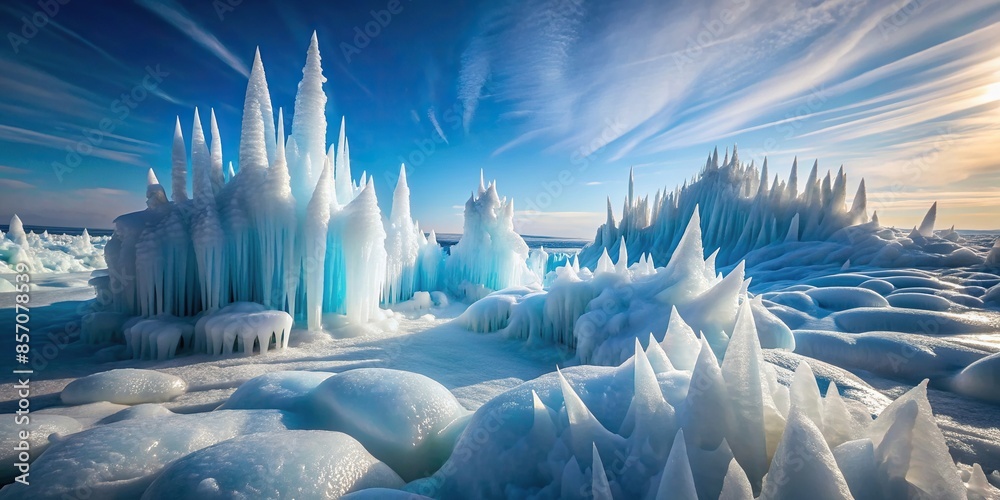 Unusual ice formation resembling alien landscape with sharp spikes and ...