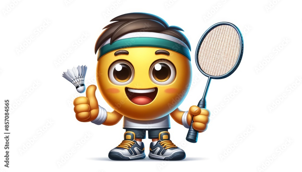 A happy badminton emoticon standing on a white background. The emoticon ...