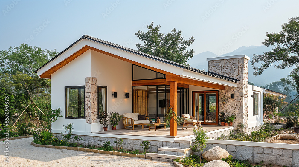 Photograph of a small, single-story modern house in rural China. The ...