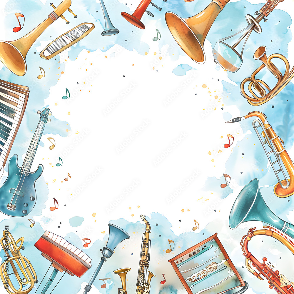 Cute cartoon music instruments frame border background in watercolor ...
