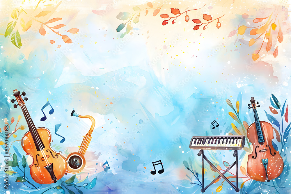Cute cartoon music instruments frame border background in watercolor ...