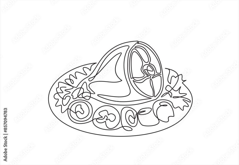 Meat with vegetables dish. Pork knuckle, meat on bone, pork and ...