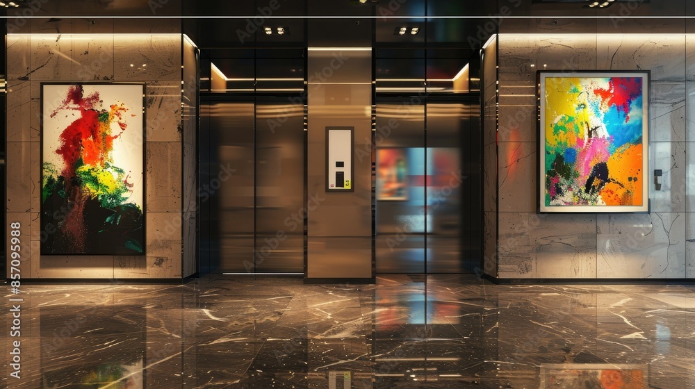 Open elevator doors in a chic office lobby, featuring contemporary art ...