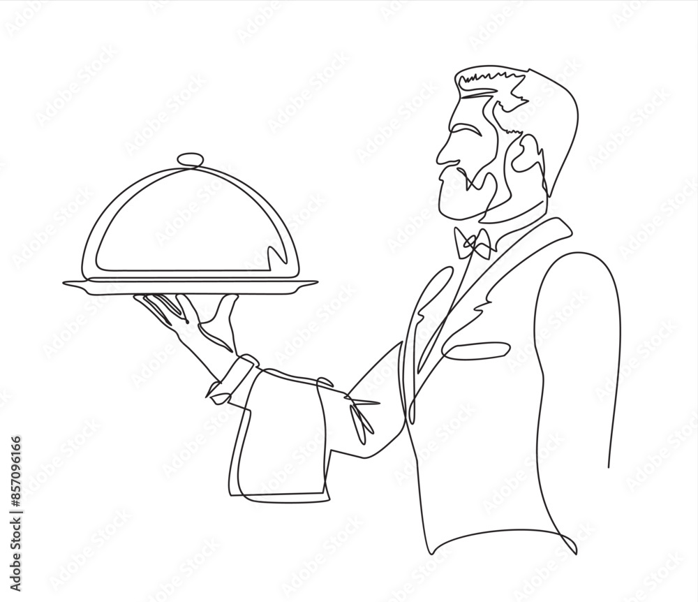 Continuous one line drawing of Waiter holding food tray. One line ...