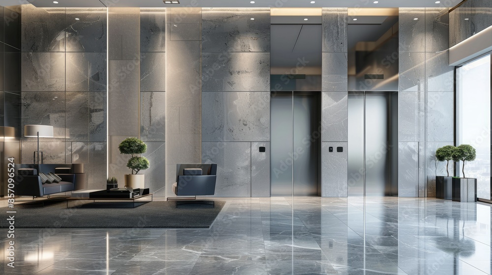 Sleek office lobby with open elevator doors, showcasing the ...