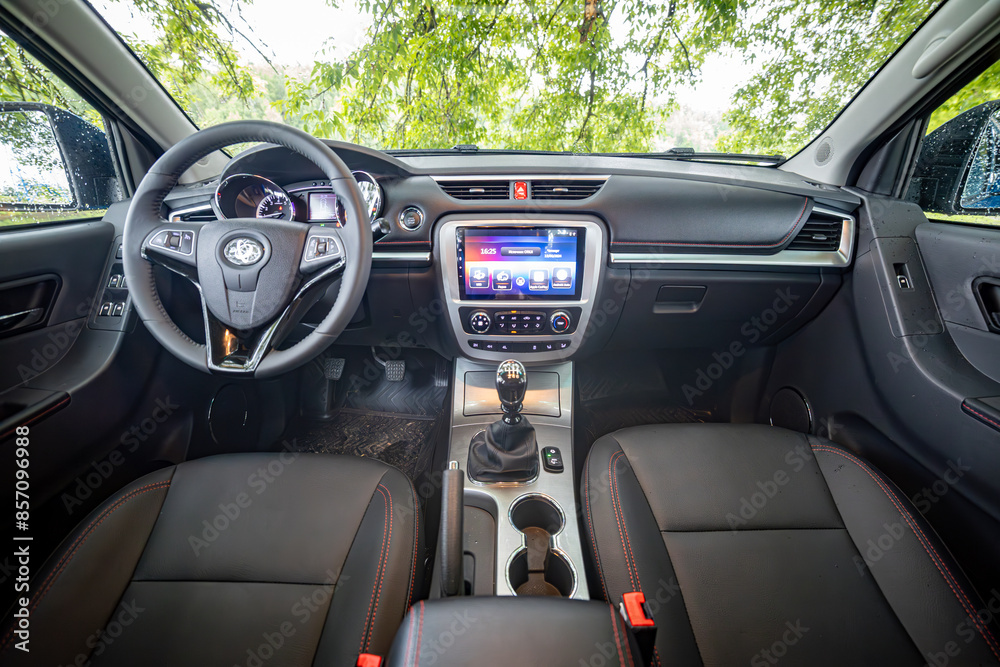 Moscow, Russia - June 2024: Blue pickup truck in the forest. sollers ...