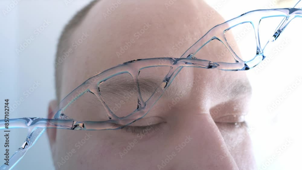 DNA spiral, helix structure rotates front person, representing human ...