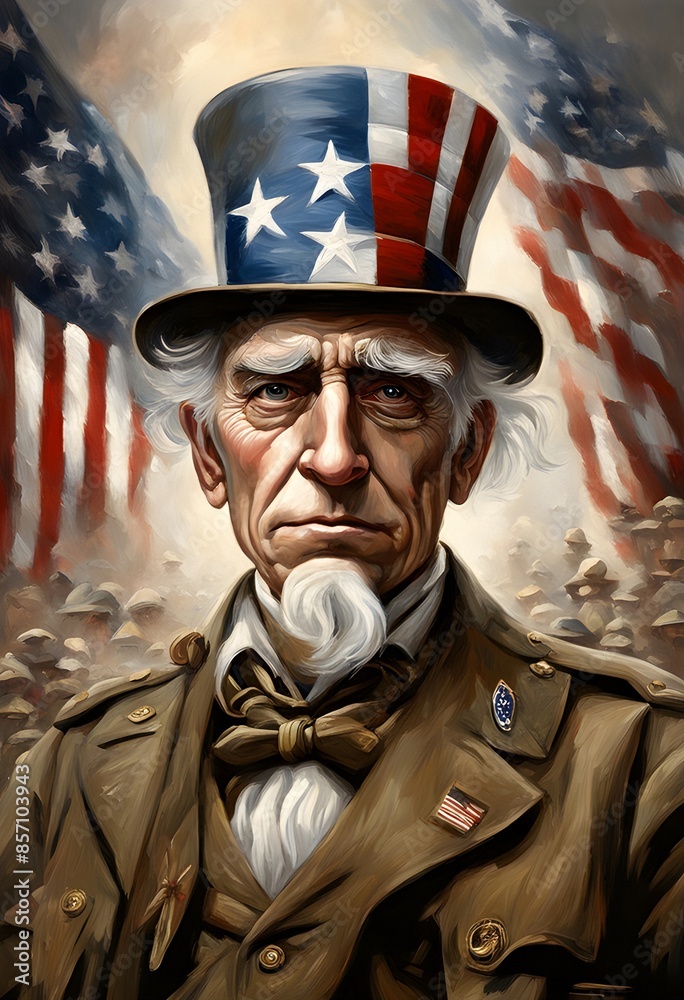 A stylized portrait of Uncle Sam in patriotic colors. His iconic hat ...