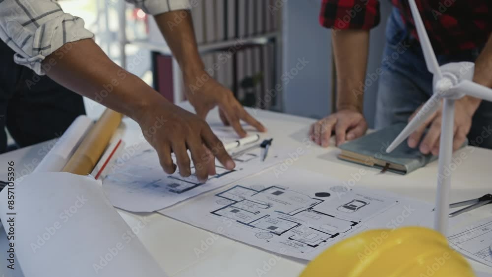 Engineers collaborate on a project, examining blueprints, and ...