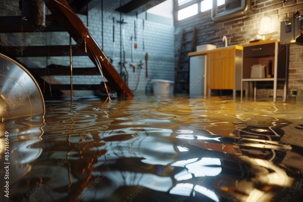 This basement is flooded with murky water, bizarrely blending the reflections of steps and ...