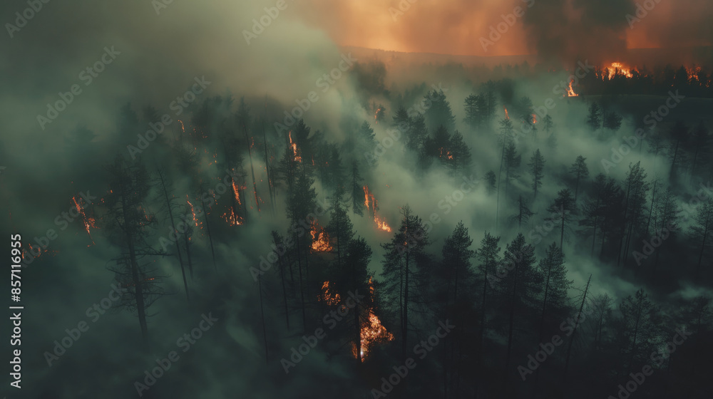 Wildfire engulfing forest with thick smoke and intense flames. Trees ...