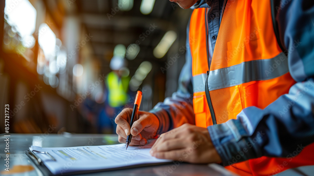 Labor inspection concept - Inspector taking note with paper and pen of ...