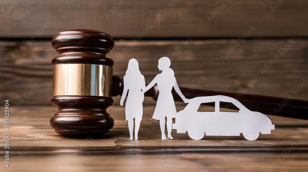 Judge's gavel rests between split paper cutout family and car on a ...