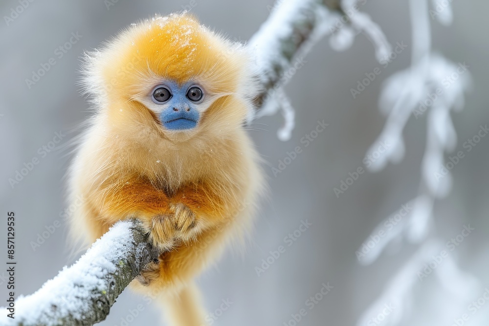 A Golden snub-nosed monkey sitting in a tree in a snowy forest, its ...