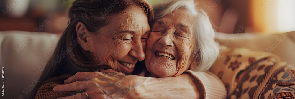 Woman, love and hug senior mom in home for mothers day, bonding and ...