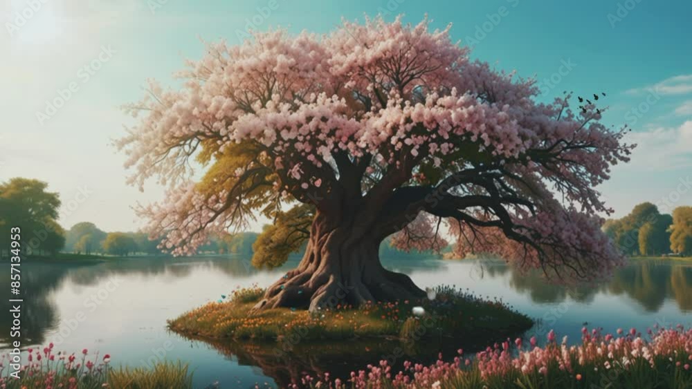 Lush cherry trees with flowing river water, 4K seamless looping virtual ...