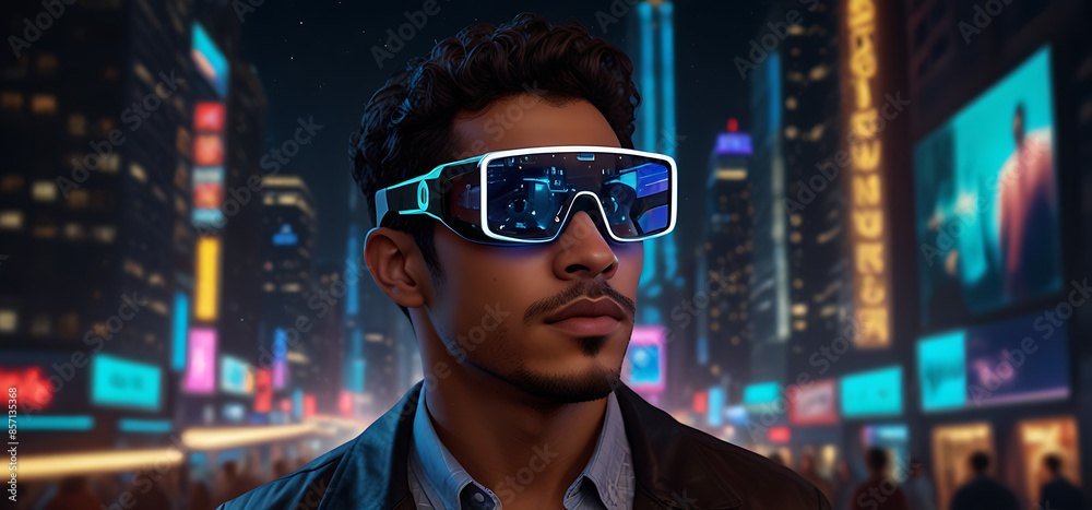 Augmented Reality AR glasses futuristic city neon lights technology ...