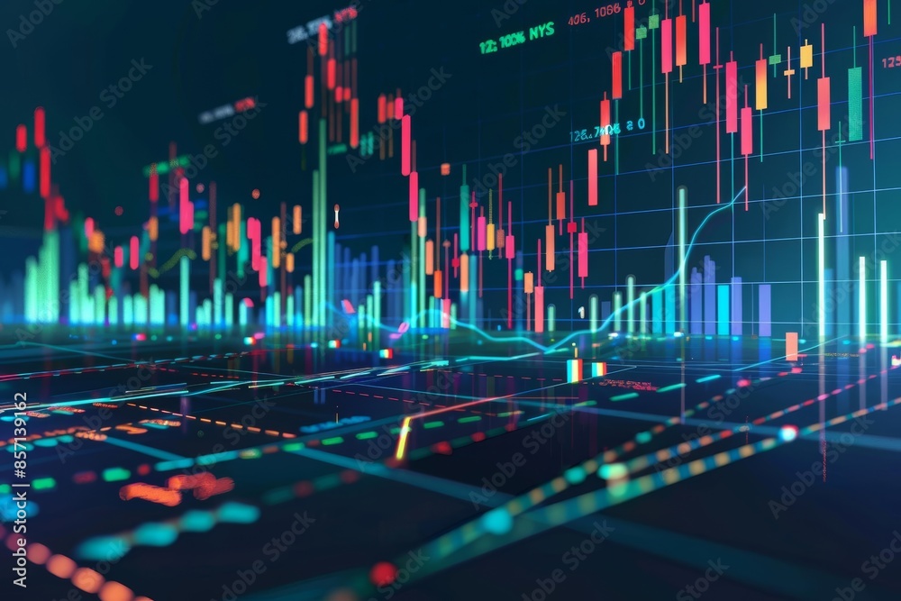 A detailed data chart with rising and falling stock values and digital ...