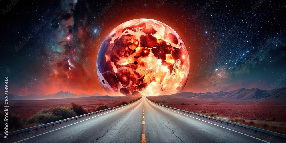 Majestic road under a red moon in the night atmosphere, red moon, road ...