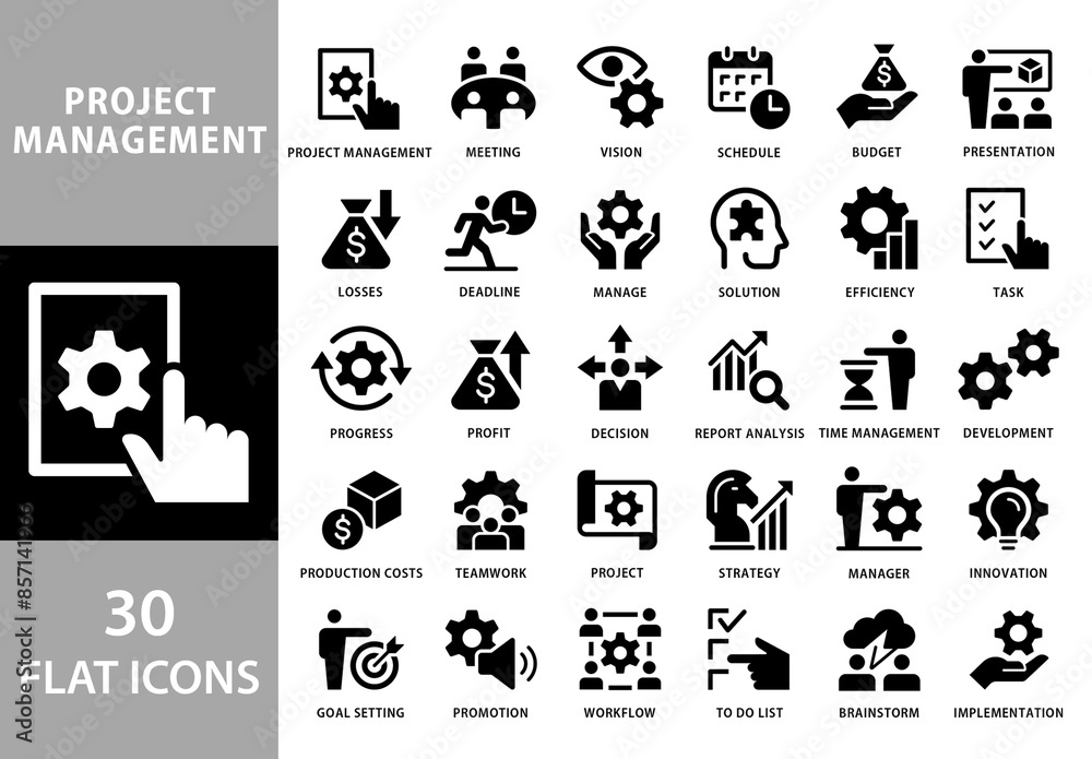 Project Management Black and White Flat Icons Set Stock Template ...