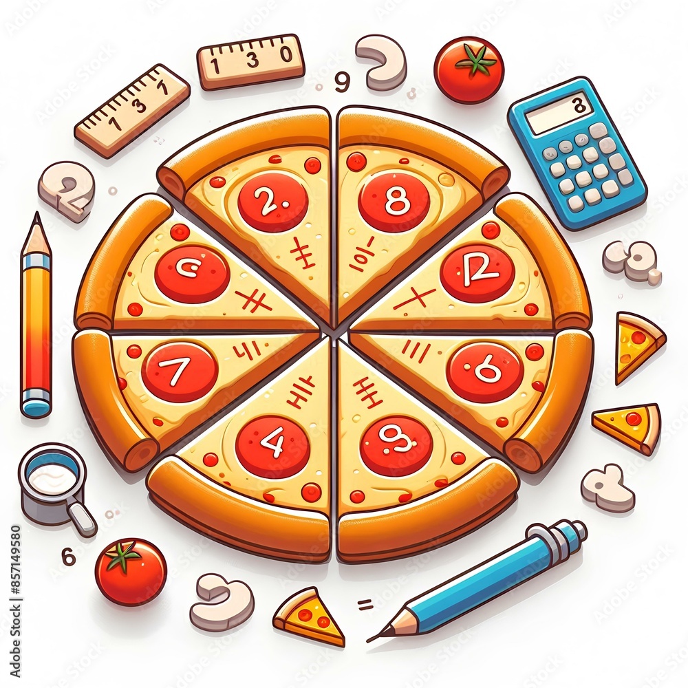 An illustration showing pizza divided into eight slices, serving as an ...