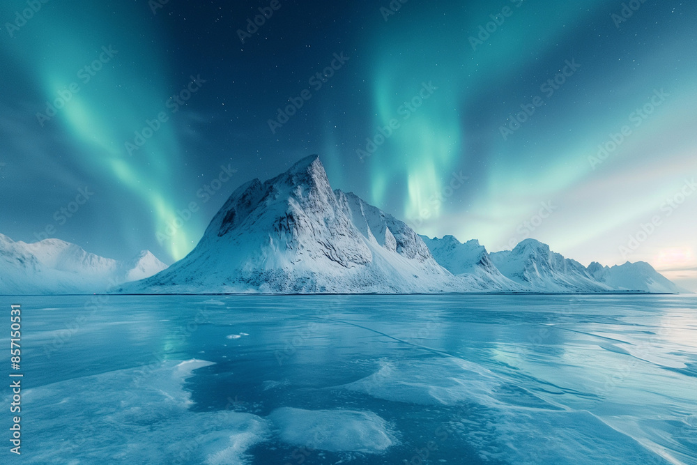 Aurora lights over famous mountains. Reflection in the clear water on ...