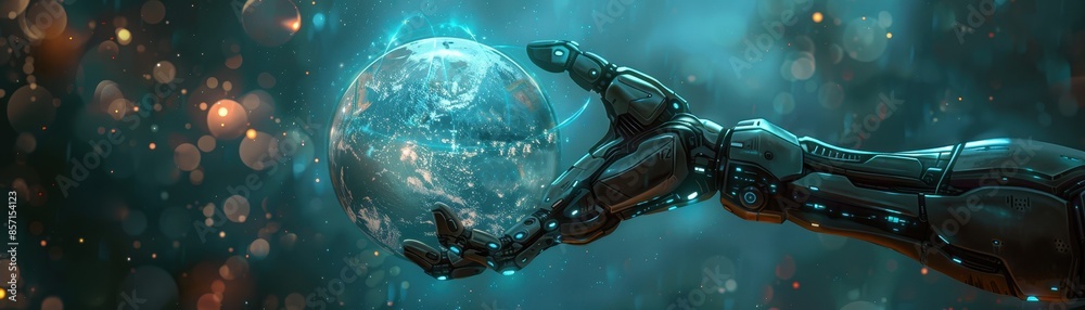 Futuristic robotic arm holding a glowing orb in a sci-fi environment ...