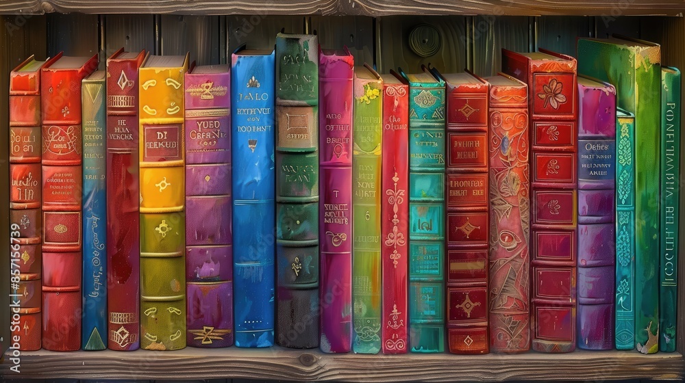 "Colorful Books on a Shelf: Vibrant and Organized Display in a Modern ...