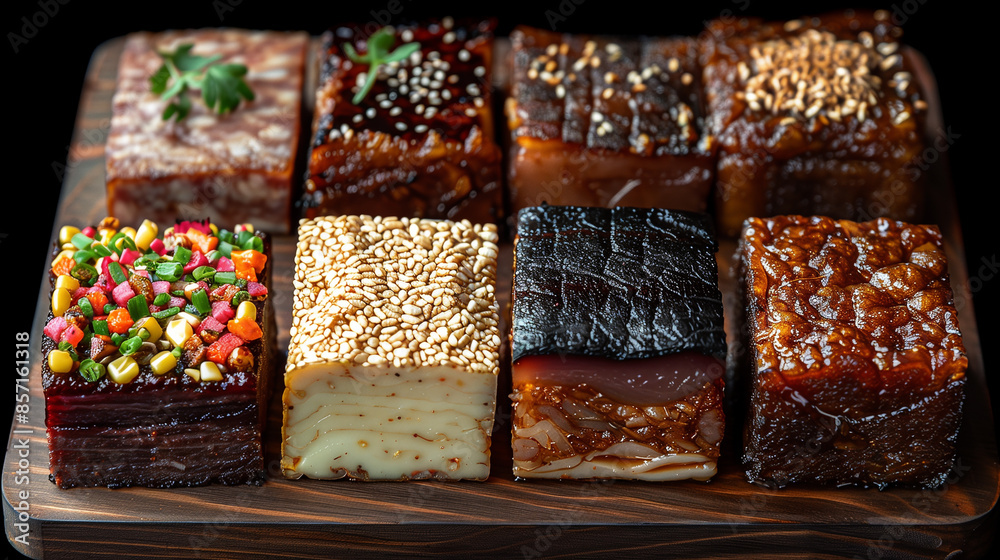 A beautiful arrangement of various types of square cakes with red ...