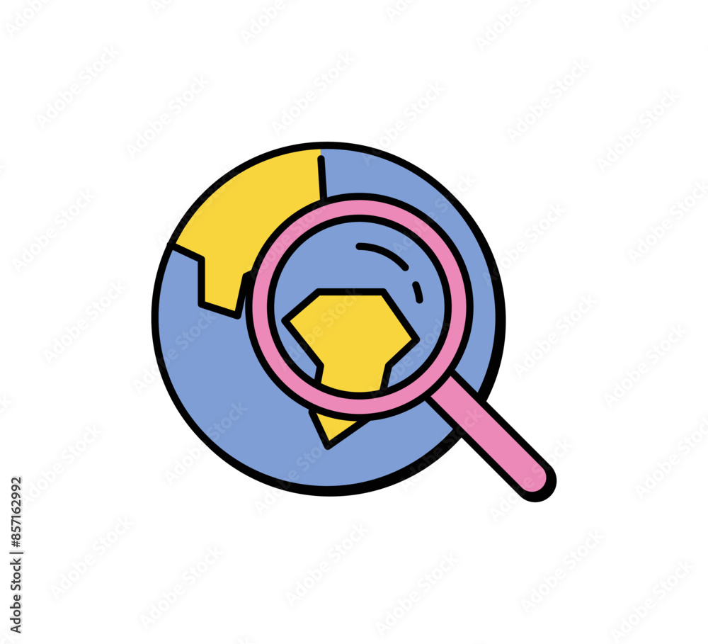 Earth globe and magnifying glass, lens, 90s nostalgic retro icon ...