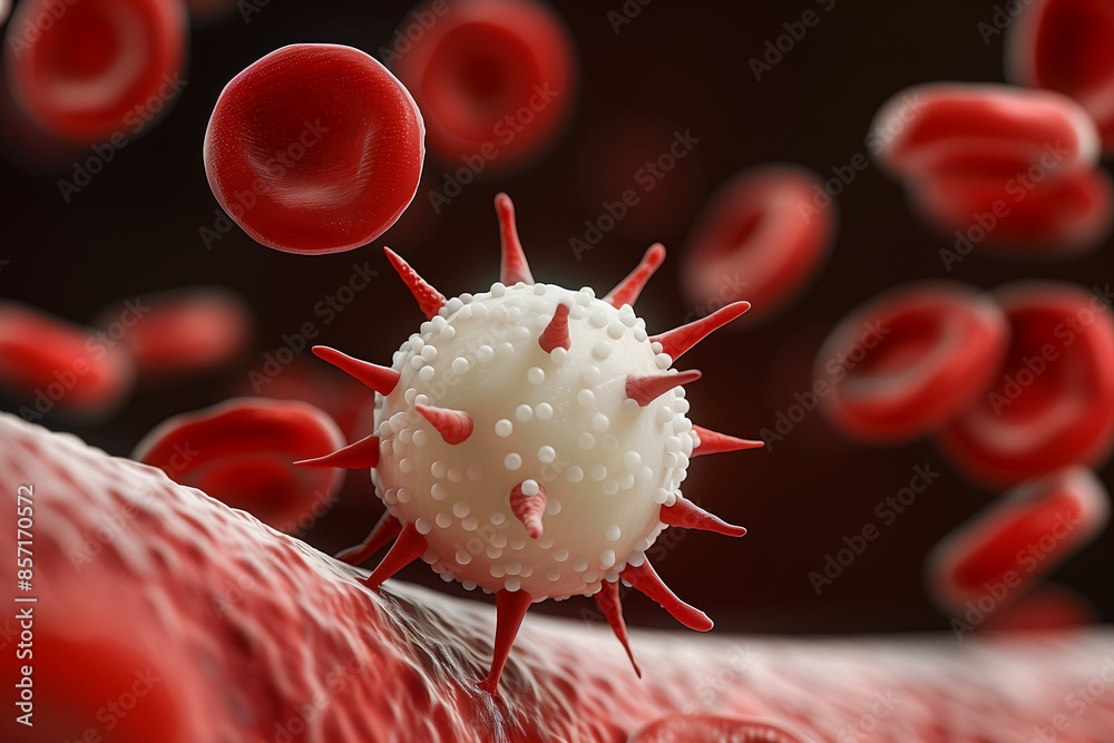 Detailed microscopic view of white blood cell navigating blood vessel ...