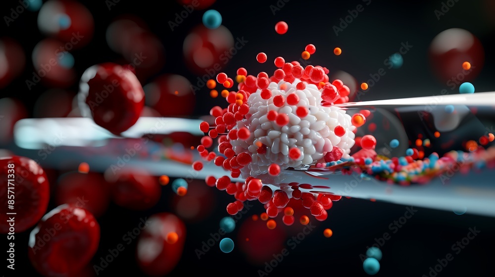Microscopic view of red blood cell releasing burst of white blood cells ...