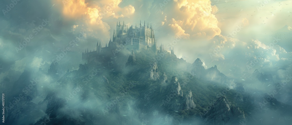 8K UHD background of a historic castle on a hill, with dramatic clouds ...