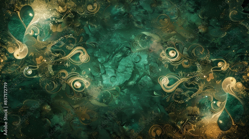 Emerald and gold wallpaper with damask patterns light spots and heart ...