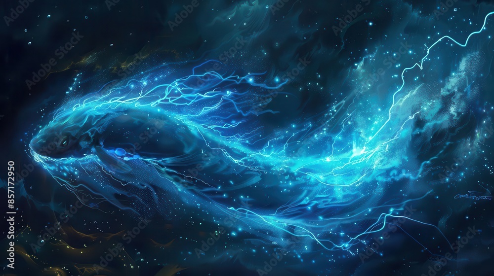 fantastical electric eel emitting vivid blue lightning in dark ...