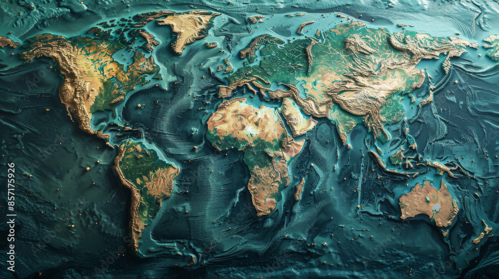 A detailed relief map of the world, showcasing continents and oceanic ...