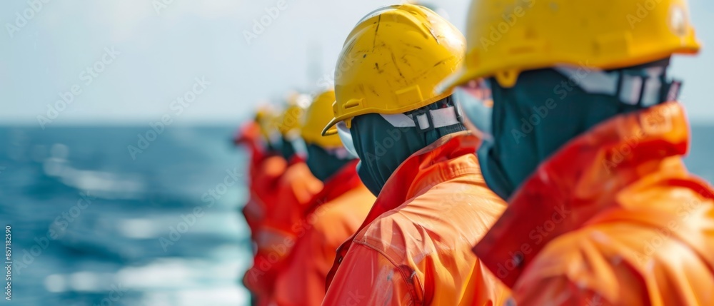 United Offshore Oil Rig Crew in Safety Gear Posed on Platform ...