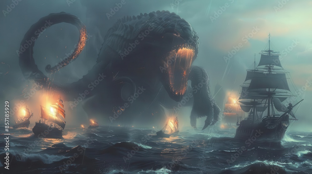 giant sea monster attacking ships in dark fantasy scene dramatic ...