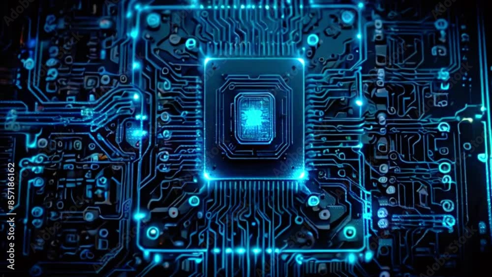 This is an illustration of a computer processor. It has a blue ...