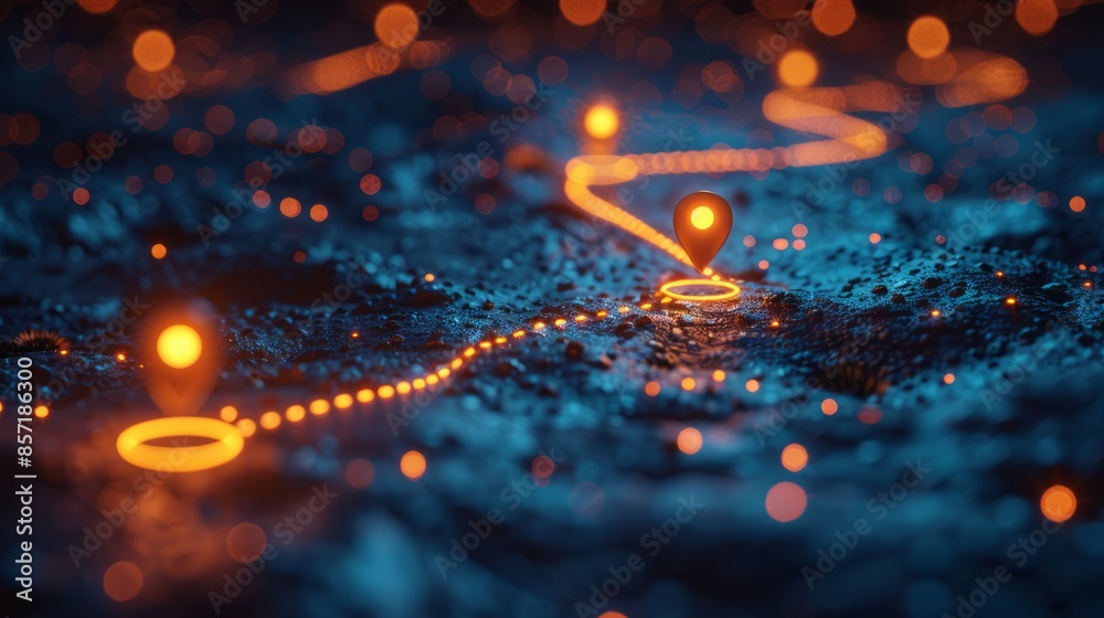 A digital map with glowing markers indicating accessible hiking trails ...