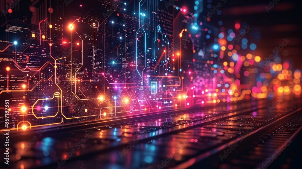 A simplified route map with bright lines indicating major ...