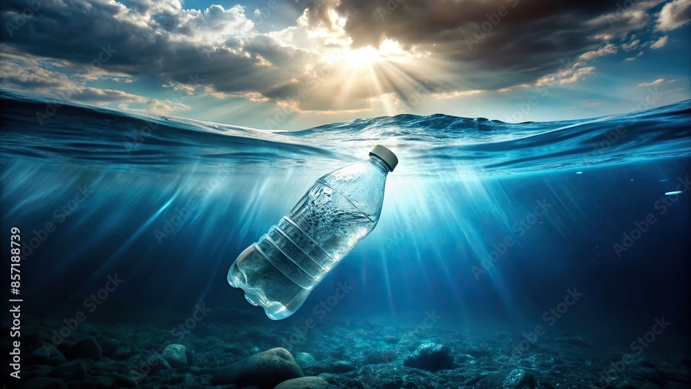Old plastic bottle slowly sinking in the dark depths of the ocean ...