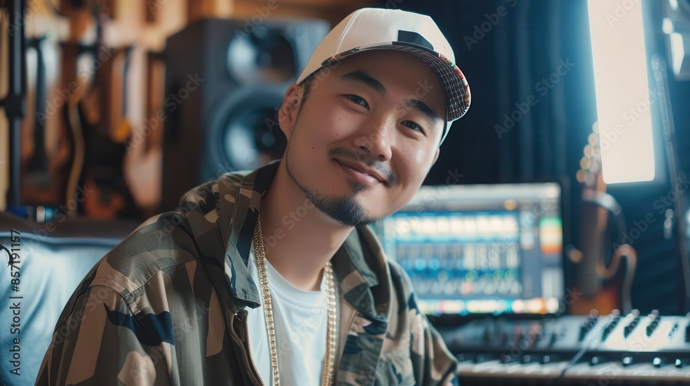 handsome young asian rapper smiling at engineer studio portrait of ...