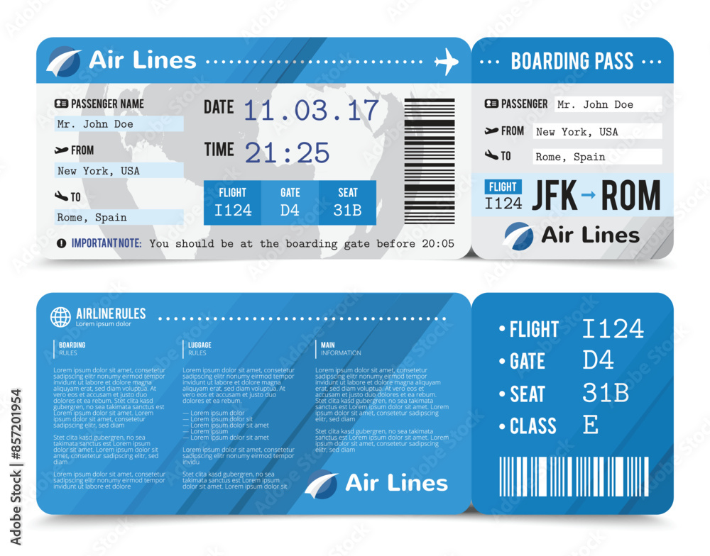 Colored realistic boarding pass composition with information about ...