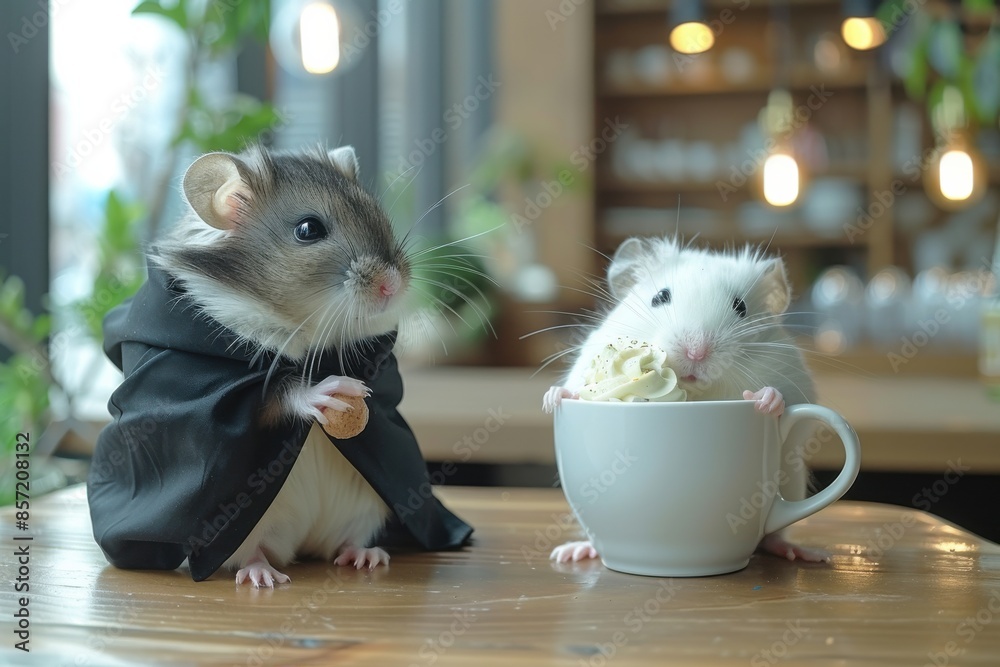 Two adorable hamsters are enjoying a delicious treat in a cafe setting ...