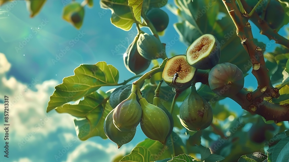 A cluster of ripe figs hanging from the branches of a fig tree, their ...