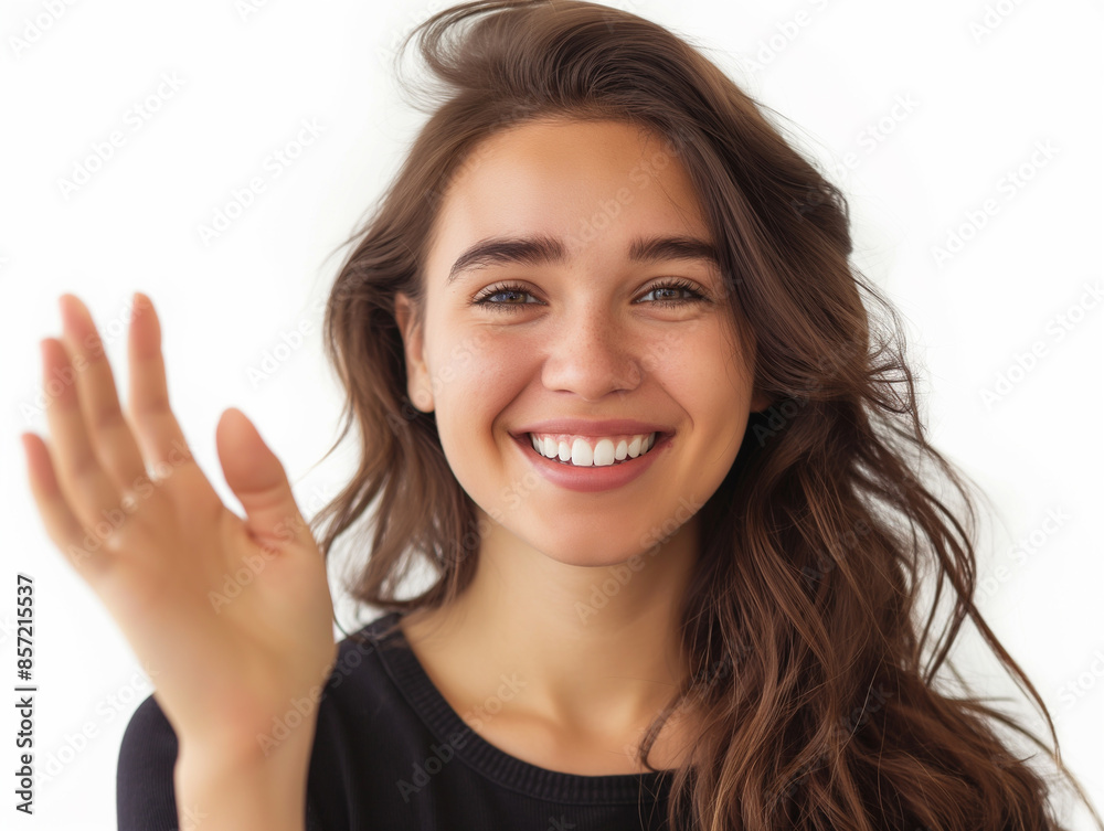 Fotka „Foto de uma moça dando tchau, com fundo branco, ideal para fins ...