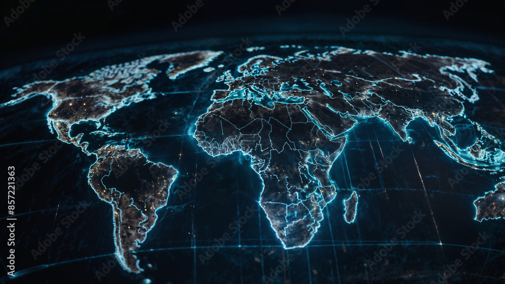 holographic 3d futuristic circular world map with continents outlined ...