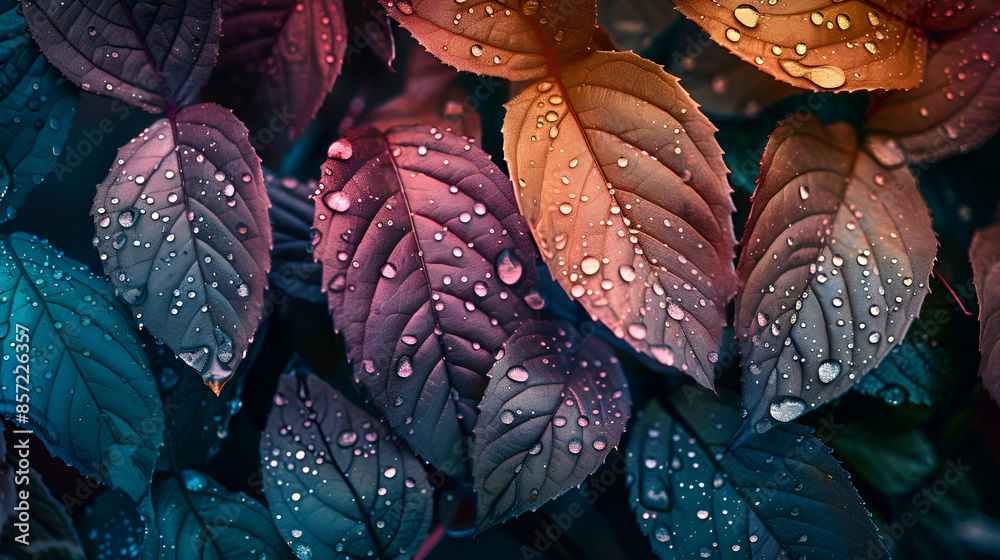 follaje de la naturaleza con tonos calidos naranja morado y azul con ...